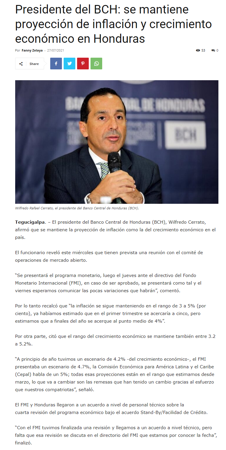 SEPROC - PRESIDENTE DEL BCH: SE MANTIENE PROYECCIÓN DE INFLACIÓN Y ...