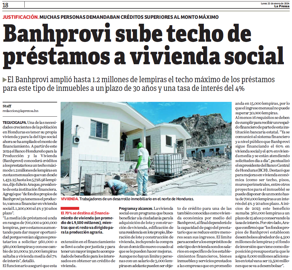 SEPROC - PAG 18. BANHPROVI SUBE TECHO DE PRÉSTAMOS A VIVIENDA SOCIAL