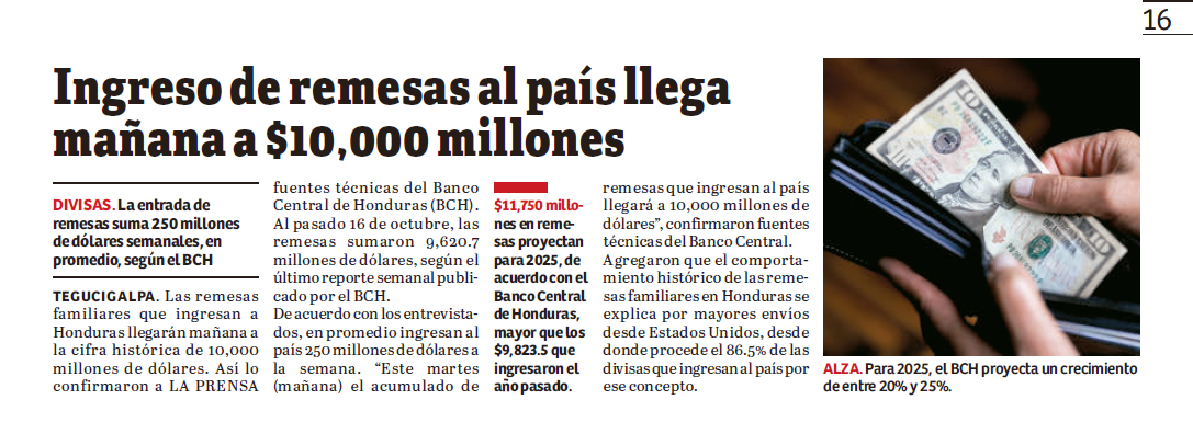 PAG 16. INGRESO DE REMESAS AL PAÍS LLEGA MAÑANA A $10,000 MILLONES