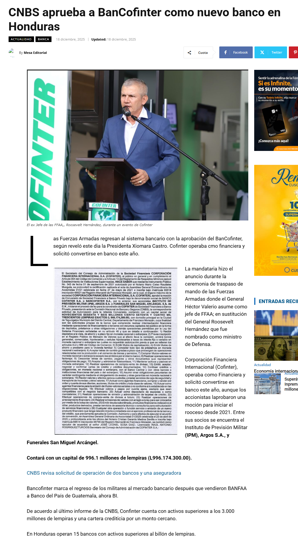 CNBS APRUEBA A BANCOFINTER COMO NUEVO BANCO EN HONDURAS