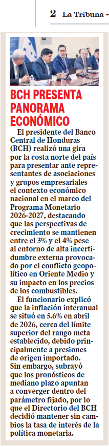 PAG 2. BCH PRESENTA PANORAMA ECONÓMICO