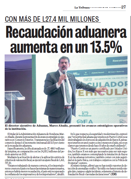 PAG 27. RECAUDACIÓN ADUANERA AUMENTA EN UN 13.5%
