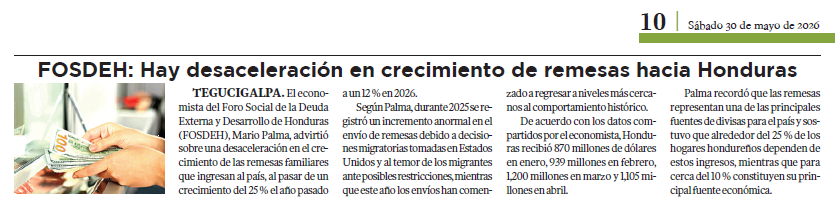 PAG 10. FOSDEH: HAY DESACELERACIÓN EN CRECIMIENTO DE REMESAS HACIA HONDURAS