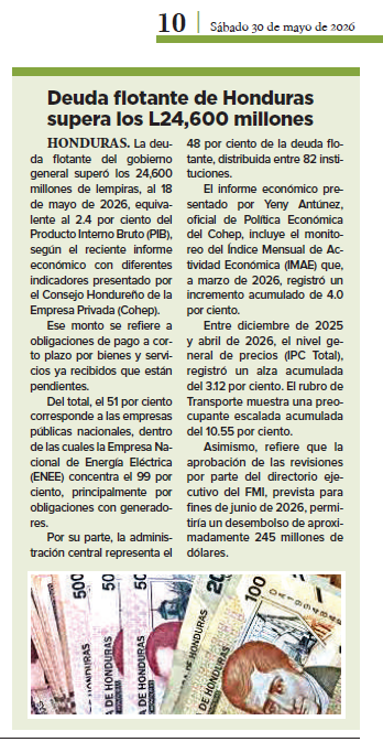 PAG 10. DEUDA FLOTANTE DE HONDURAS SUPERA LOS L24,600 MILLONES