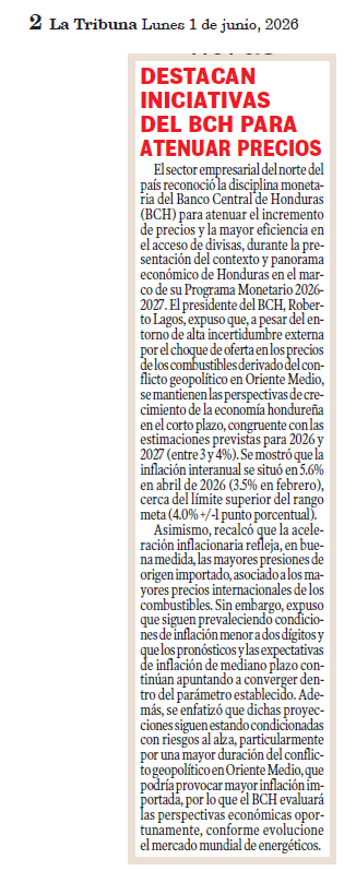 PAG 2. DESTACAN INICIATIVAS DEL BCH PARA ATENUAR PRECIOS