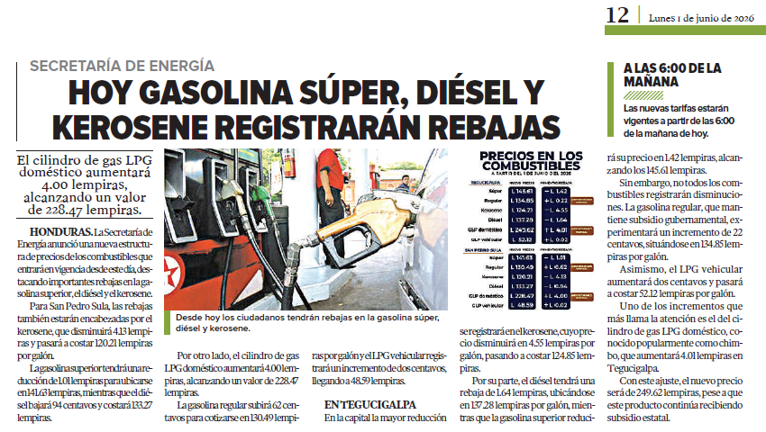 PAG 12. HOY GASOLINA SÚPER, DIÉSEL Y KEROSENE REGISTRARÁN REBAJAS